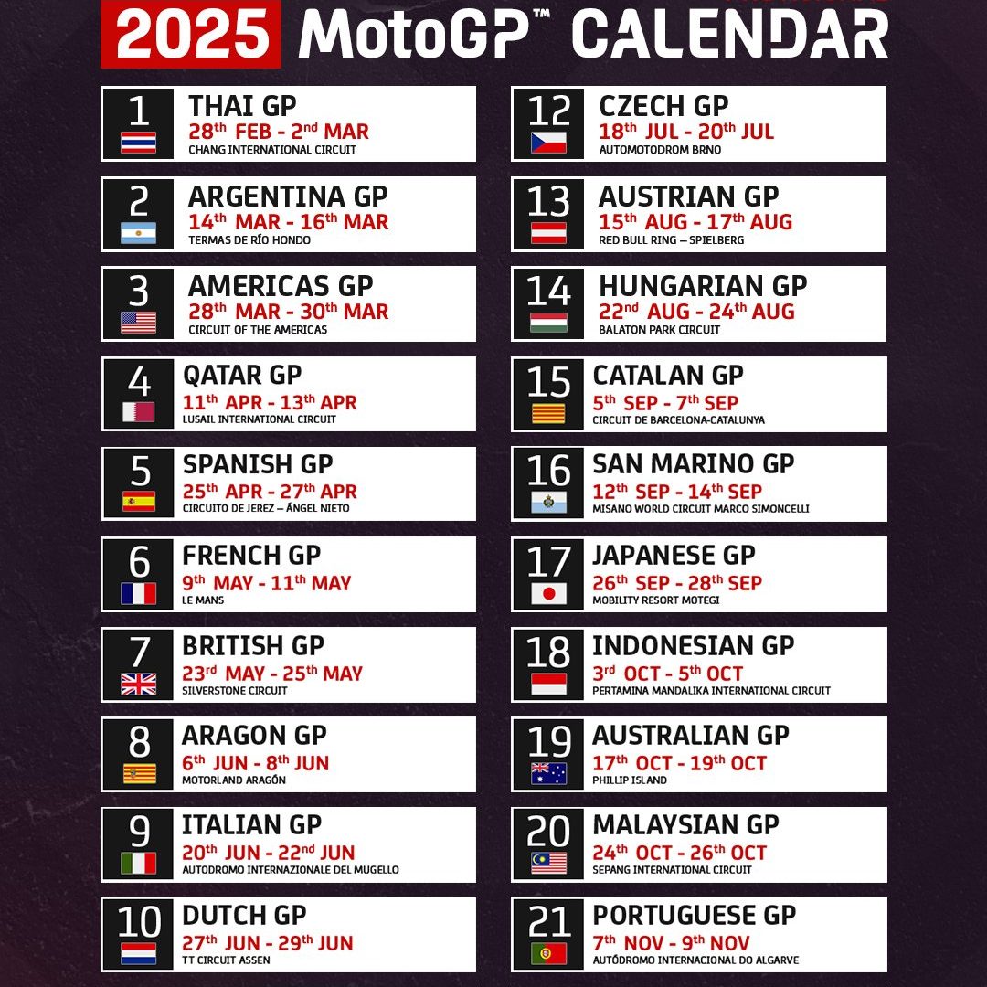 OFICIAL: Así es el renovado calendario de MotoGP 2025 - Noticias F1 en ...