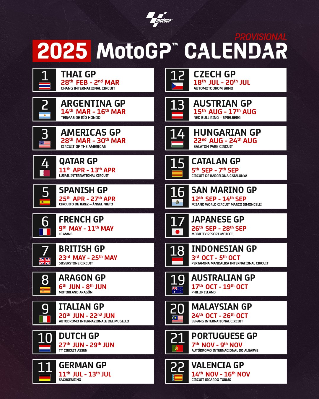 OFICIAL: Así es el renovado calendario de MotoGP 2025 - Noticias F1 en español